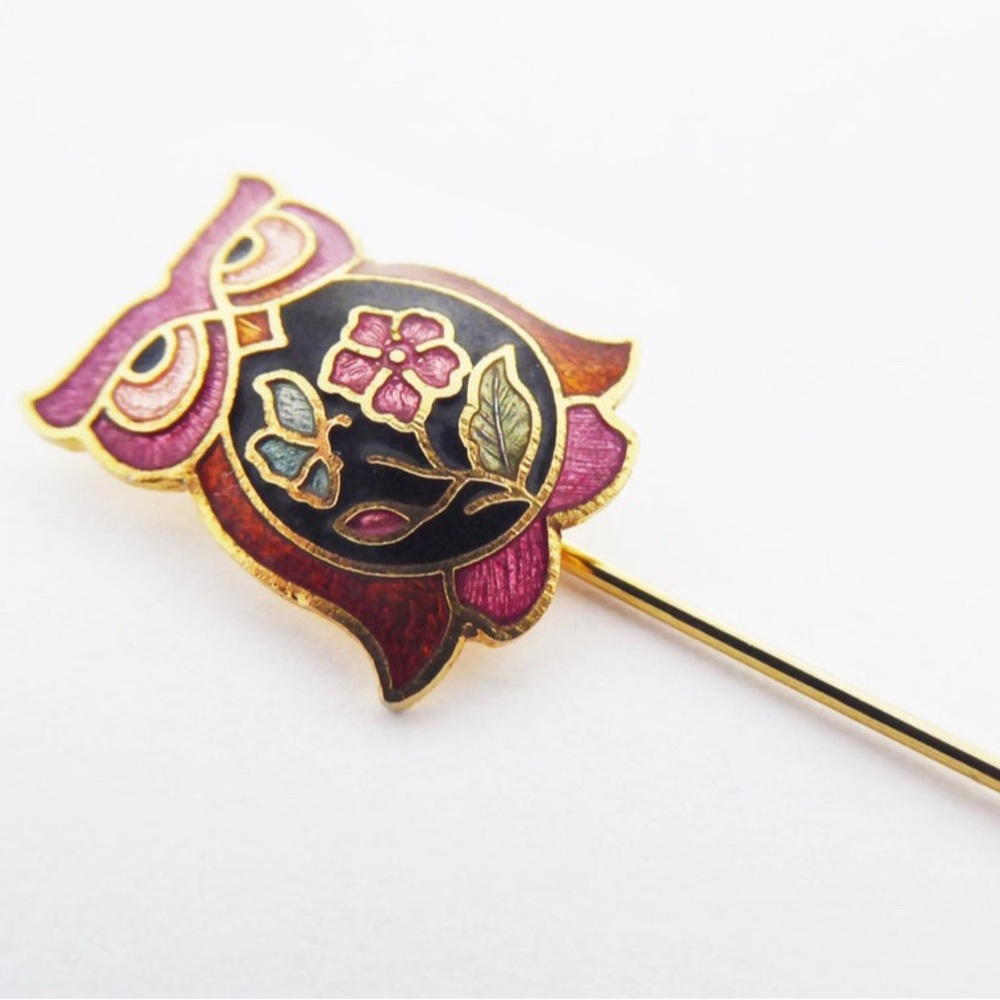 Vintage Cloisonn Enamel Owl Stick Pin / Brooch Red & … - Gem